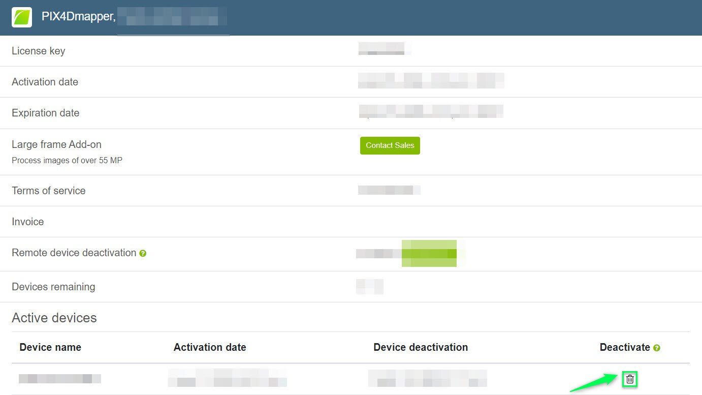 Remote device deactivation - PIX4Dmapper